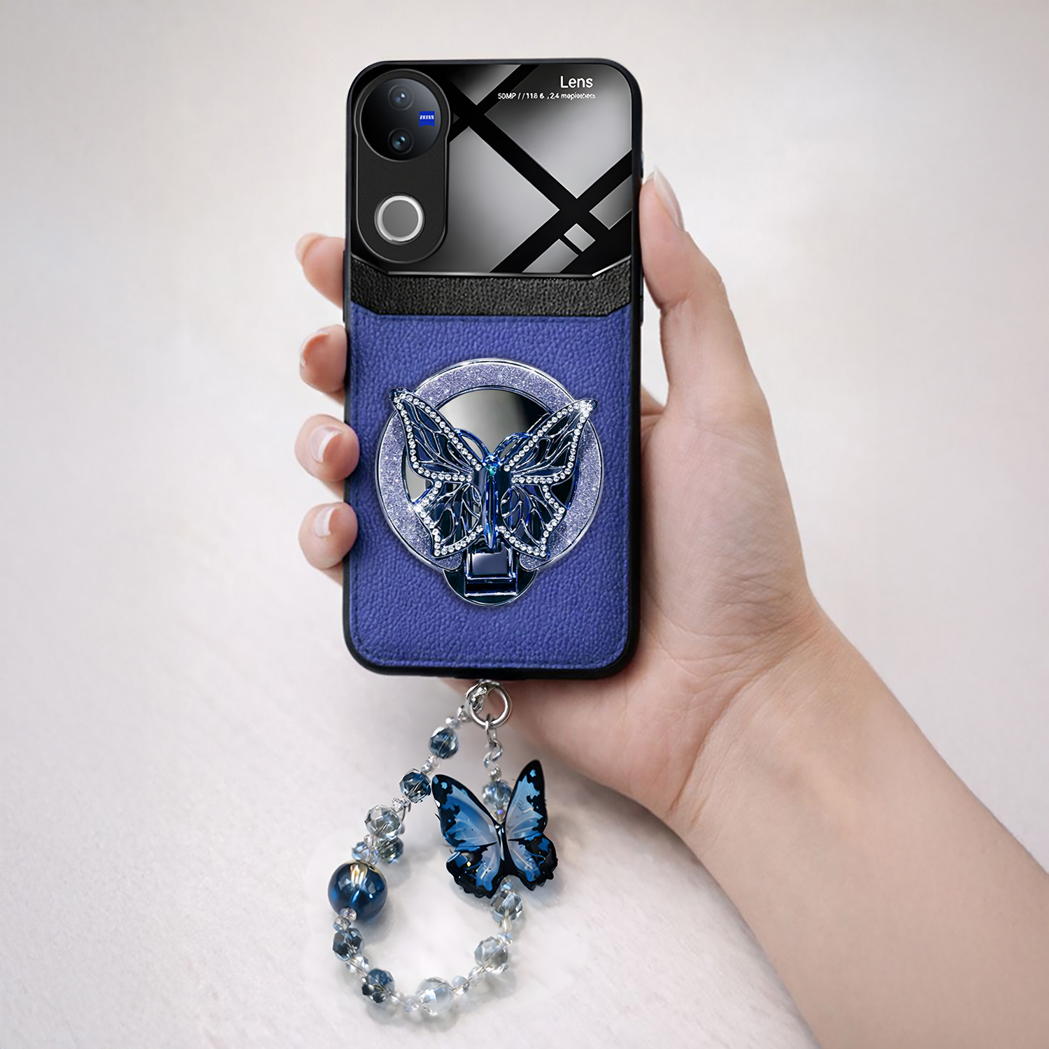 Vivo V50 5G Premium Leather Lens Butterfly Stand Case with Charm Strap ...