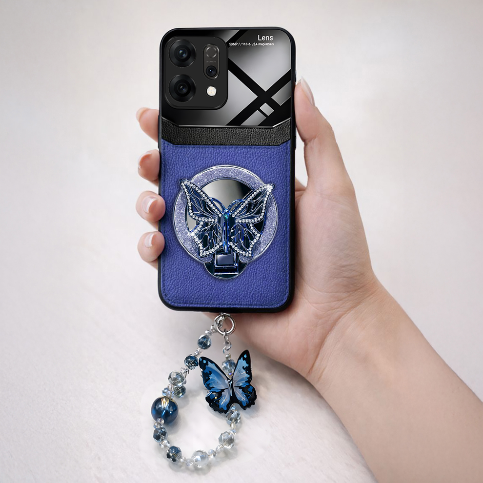 Oppo Reno14 5G Premium Leather Lens Butterfly Stand Case with Charm St ...