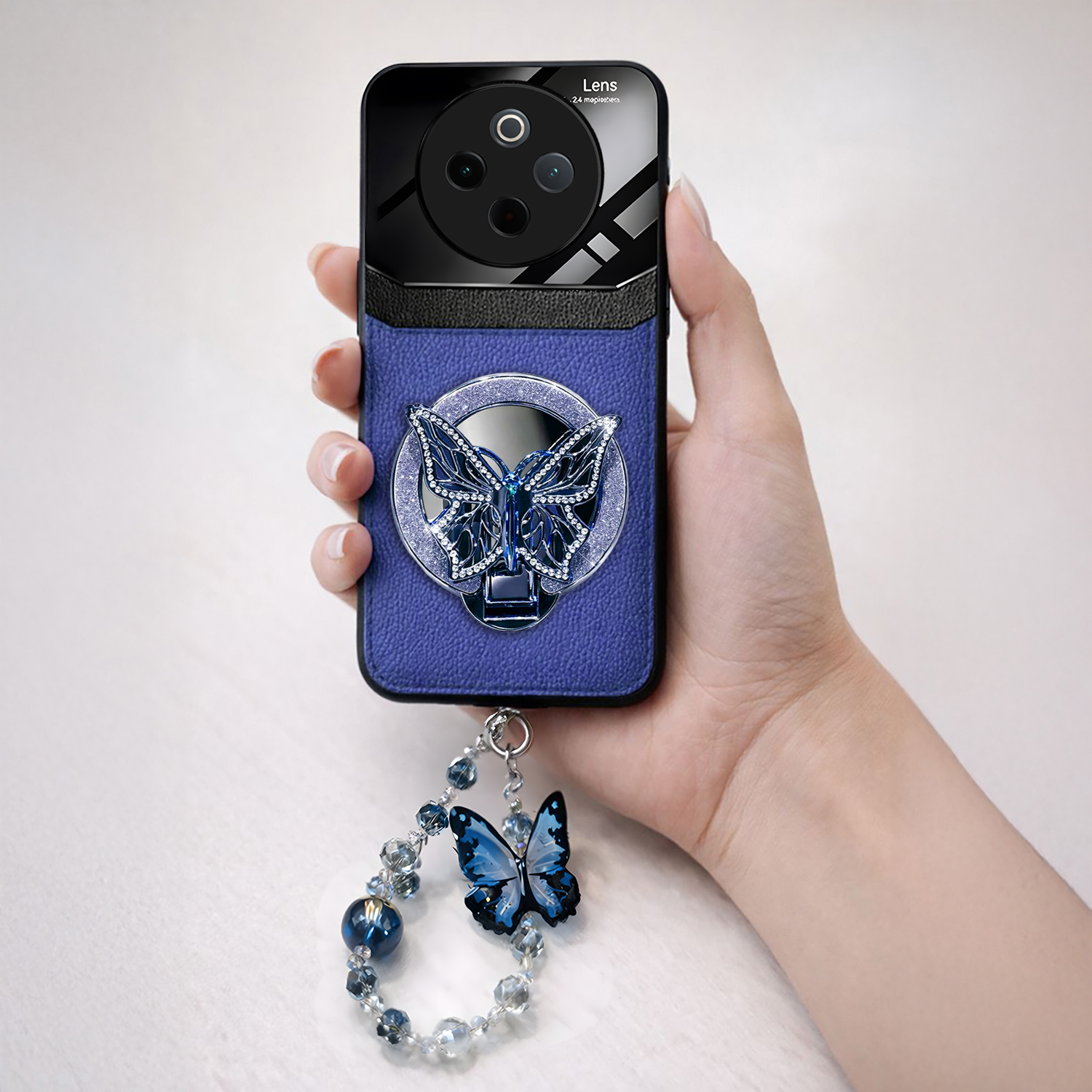 Vivo T4 5G Premium Leather Lens Butterfly Stand Case with Charm Strap ...