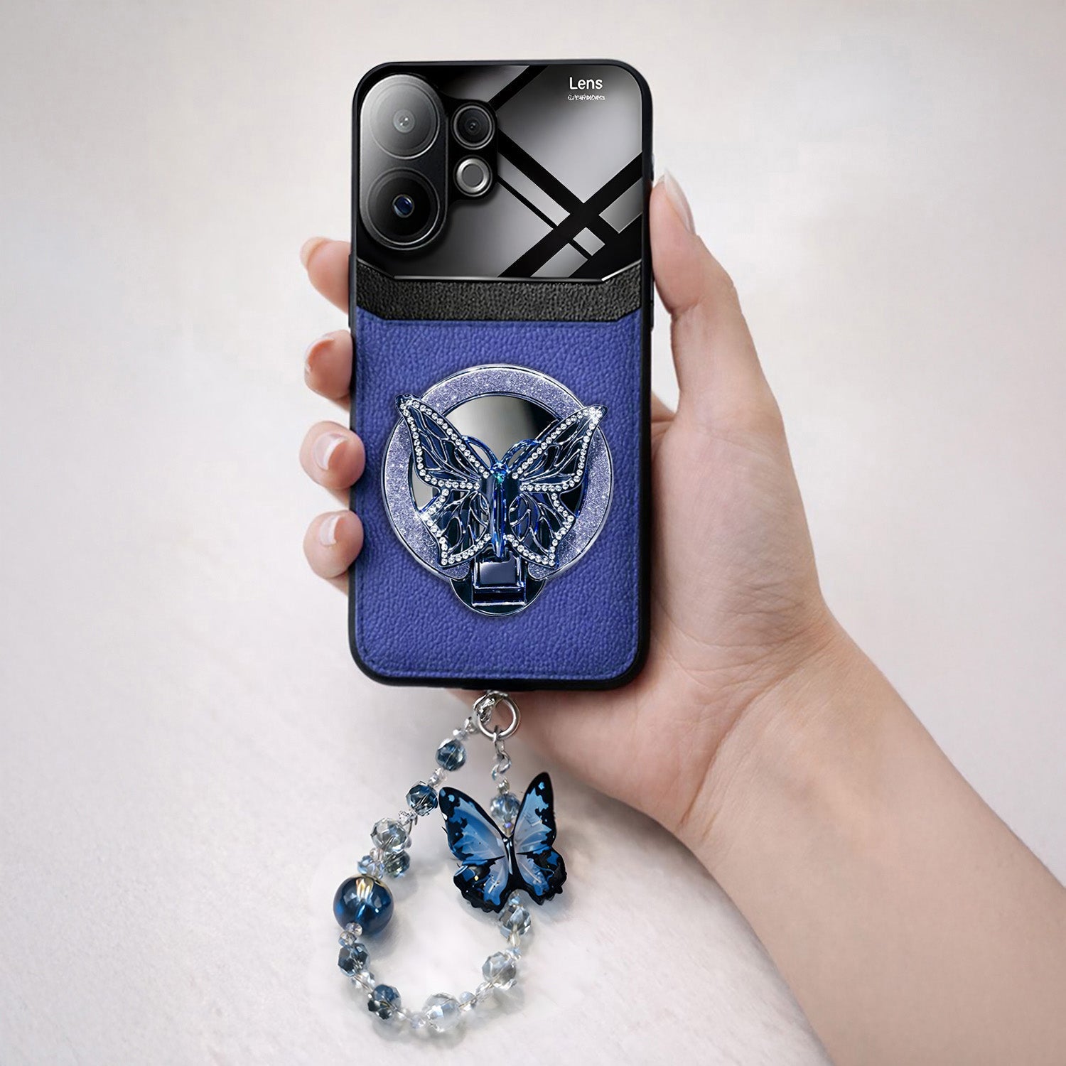 Vivo V60 5G Premium Leather Lens Butterfly Stand Case with Charm Strap ...