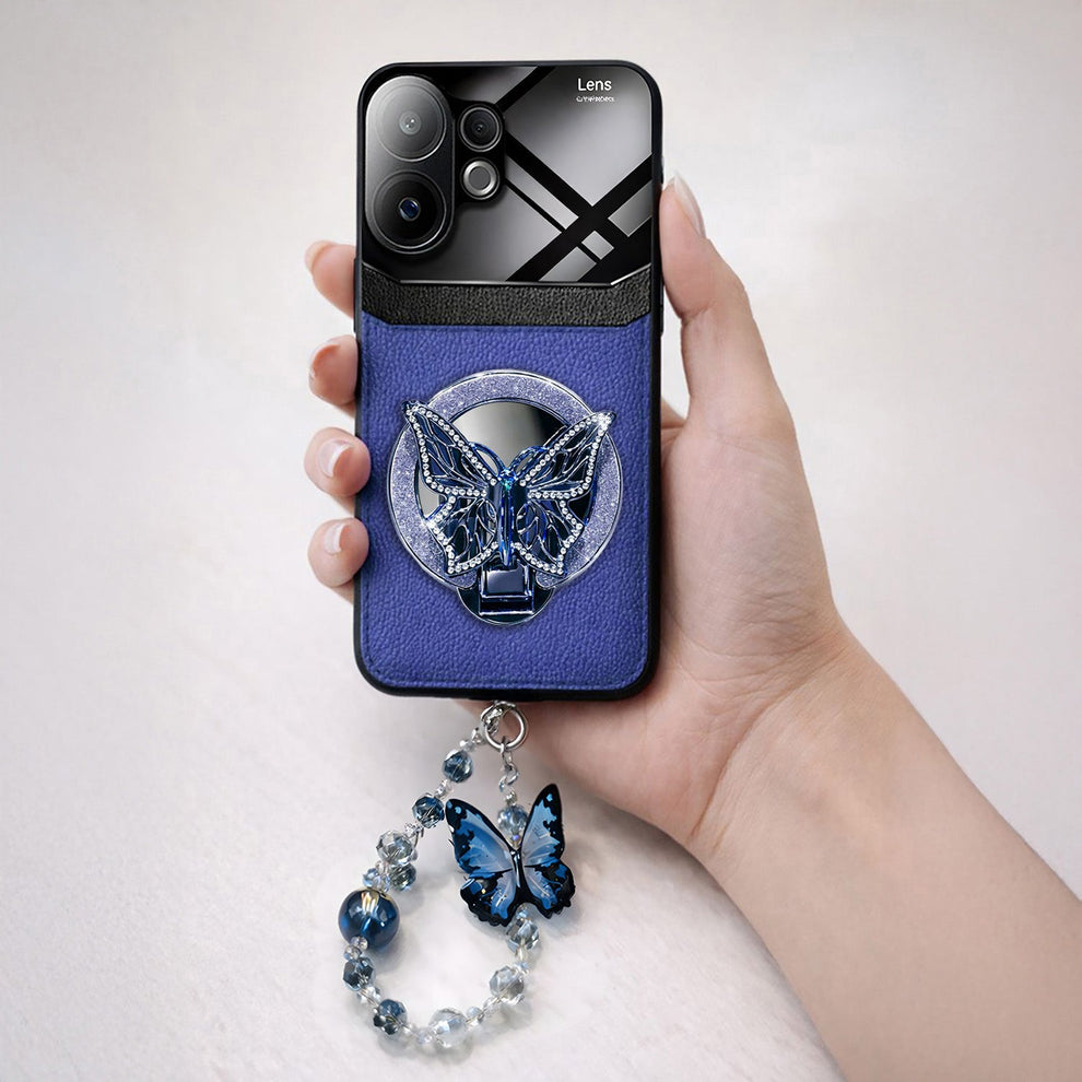 Vivo V60 5G Premium Leather Lens Butterfly Stand Case with Charm Strap ...