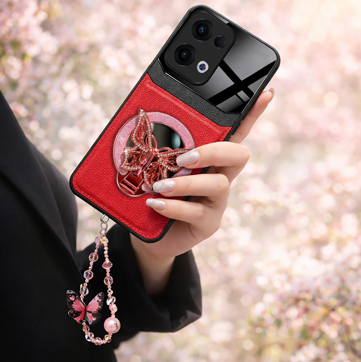 Oppo Reno13 5G Premium Leather Lens Butterfly Stand Case with Charm St ...