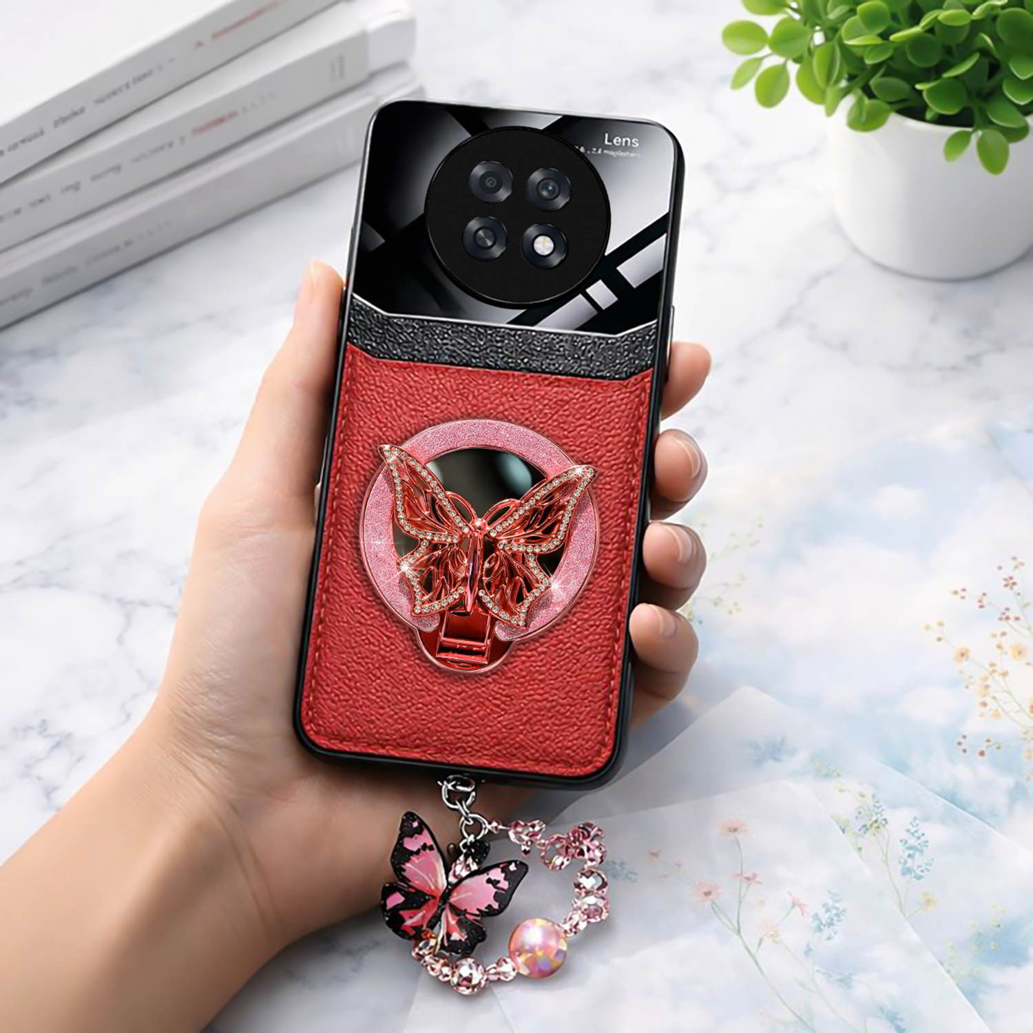 Oppo F31 Pro+ 5G Premium Leather Lens Butterfly Stand Case with Charm ...