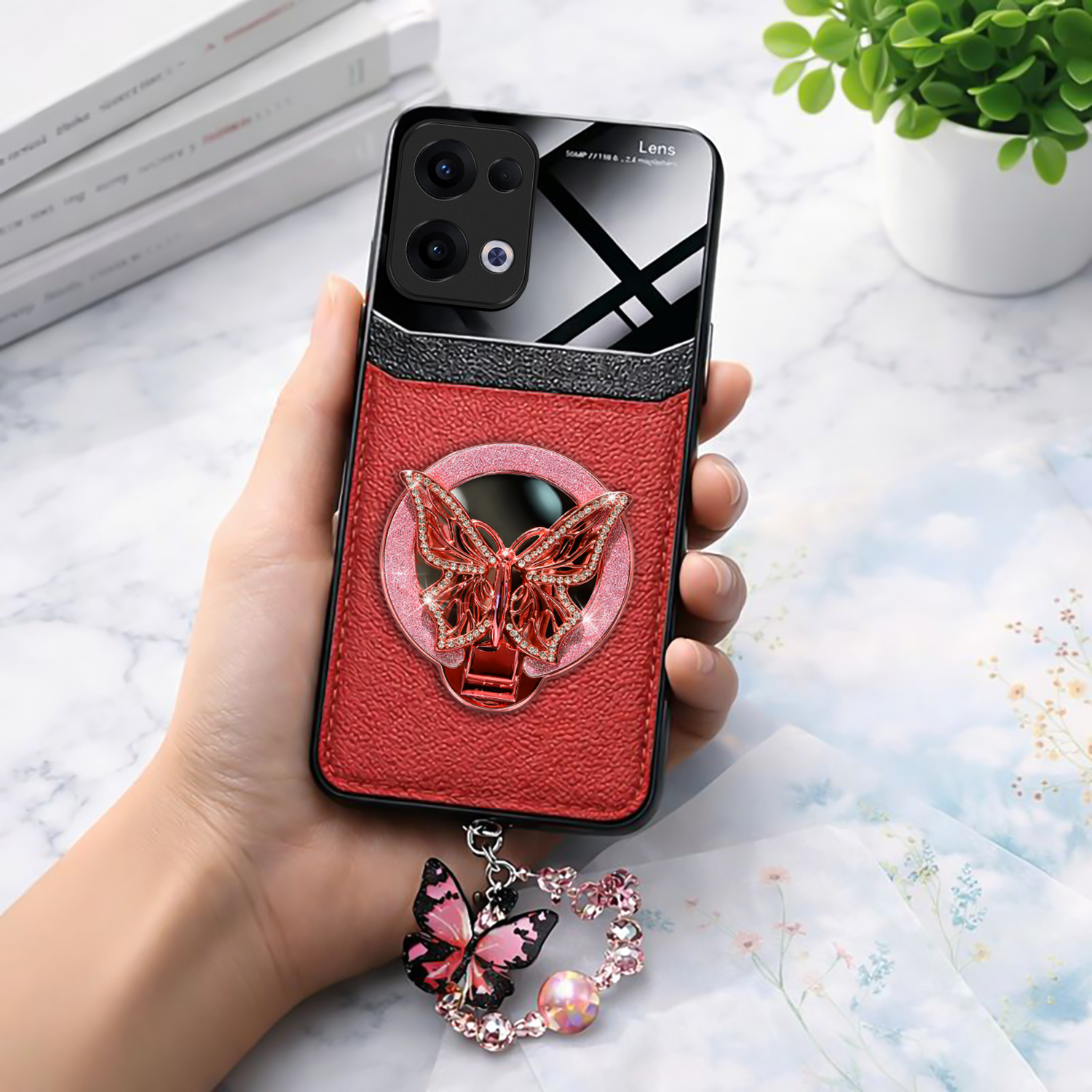 Oppo Reno13 5G Premium Leather Lens Butterfly Stand Case with Charm St ...